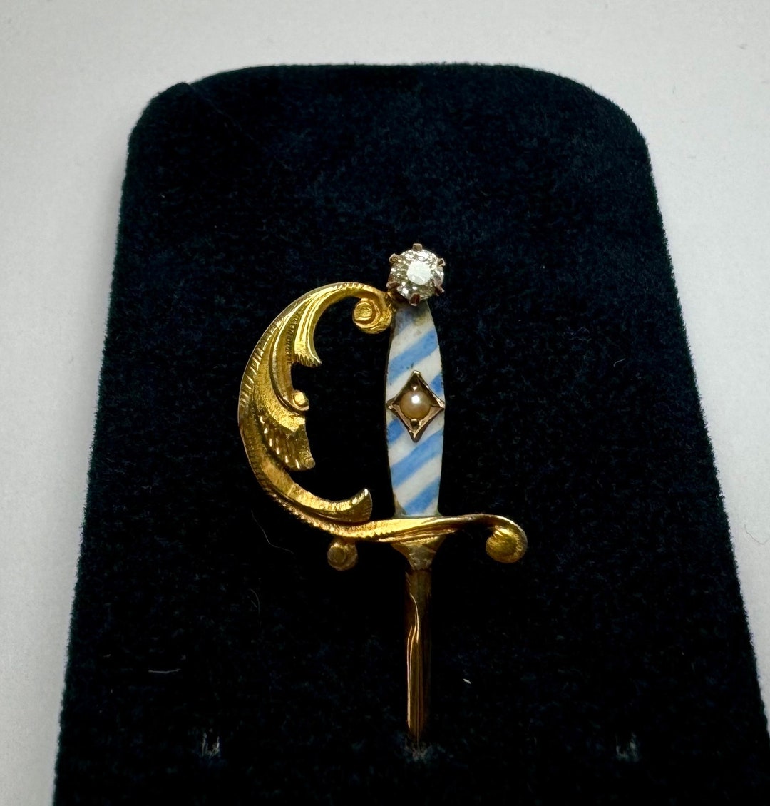 Victorian 14K Gold Diamond Pearl Enamel Sword Stick Pin - Etsy