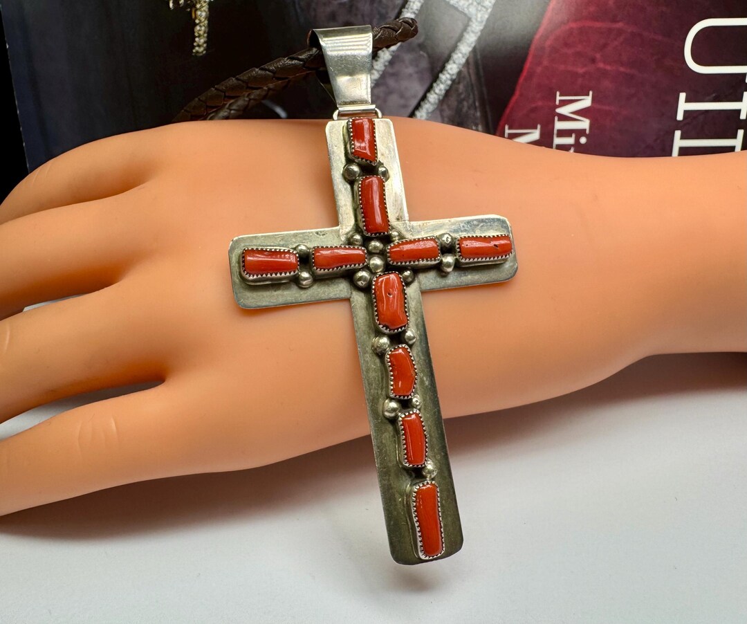 Vintage Navajo Coral Cross Pendant, Sterling Silver, Signed - Etsy