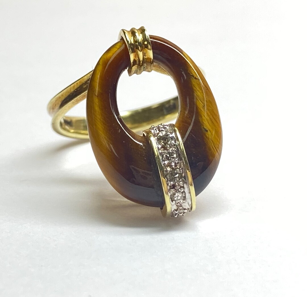 Vintage 14k Yellow Solid Gold Tiger's Eye and Diamond Ring!!! Size 7 1/ ...