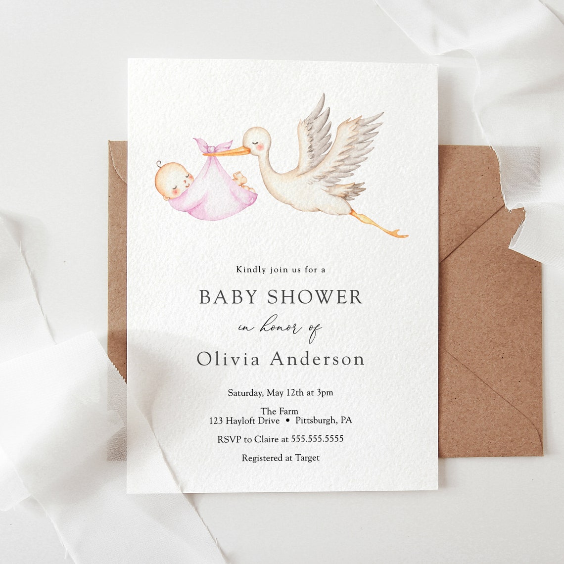 Stork Baby Shower Invitation Stork With Baby in Pink Blanket | Etsy