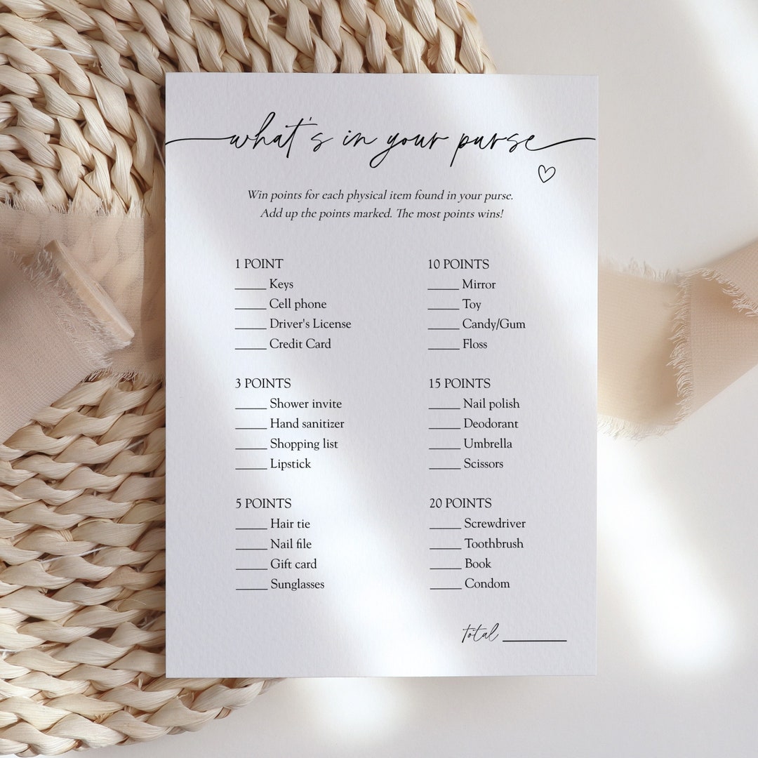 What's in Your Purse Game | Baby Shower Games Printable | Bridal Shower ...
