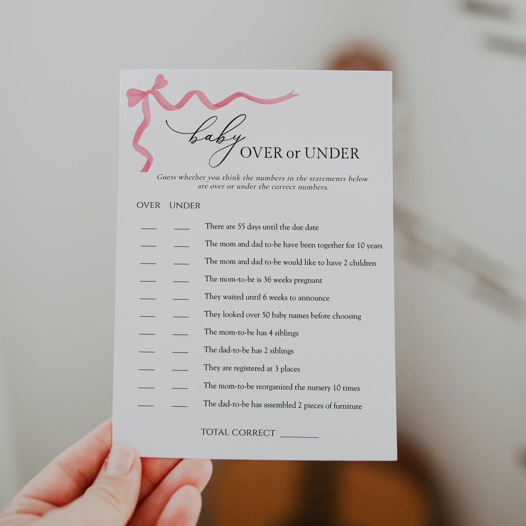 Over or Under Baby Shower Game Template, Pink Bow Girl Baby Shower ...
