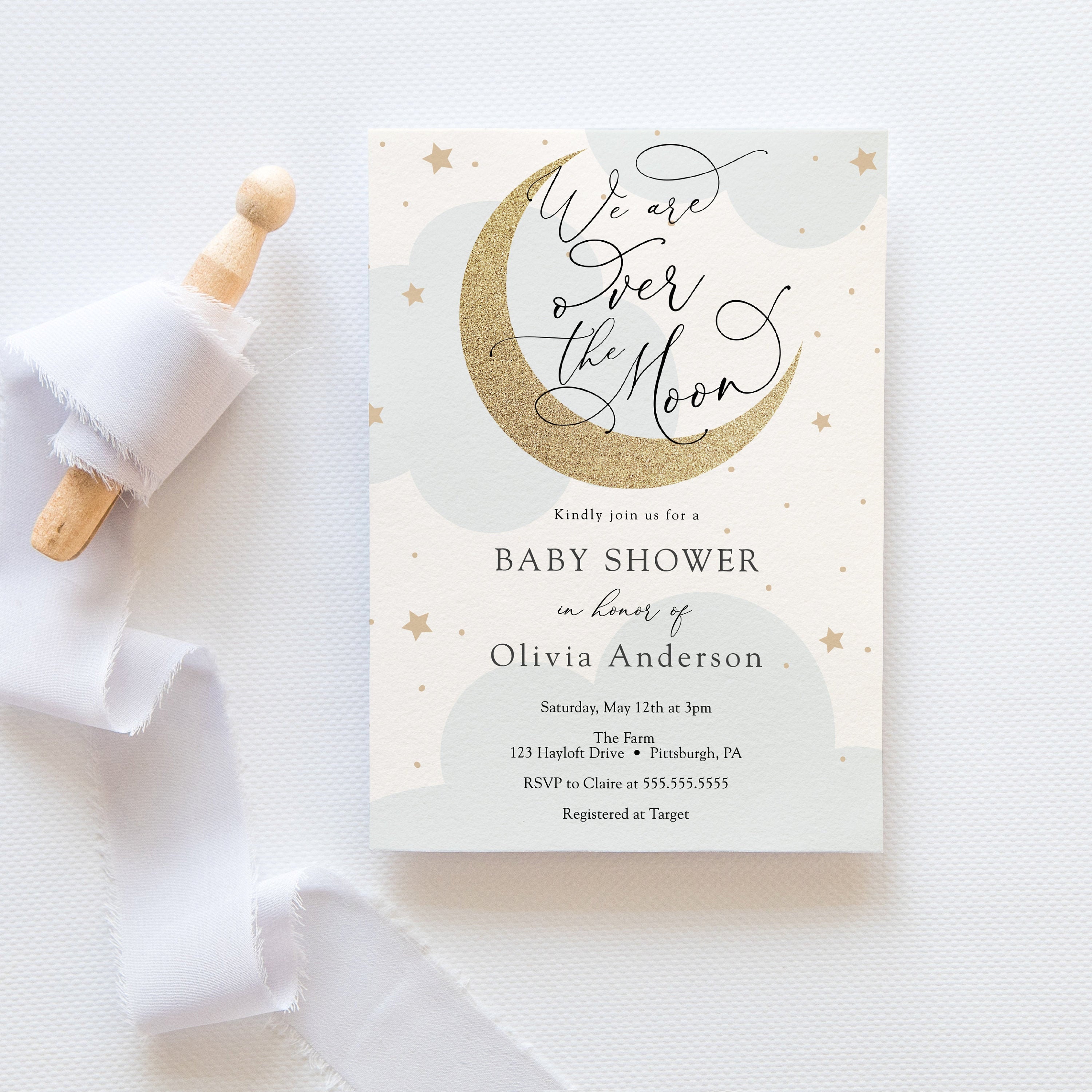 We Are Over the Moon Baby Shower Invitation Blue Twinkle - Etsy