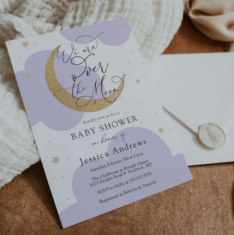 Over the Moon Baby Shower Invitation: Purple and Gold Moon (instant ...