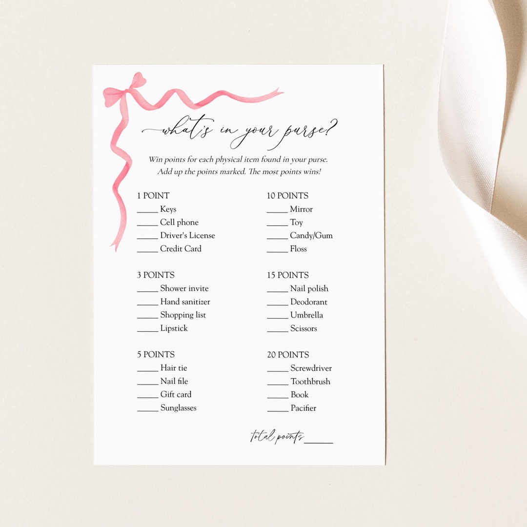 Pink Bow Baby Shower Game: What's in Your Purse (instant Download) - Etsy