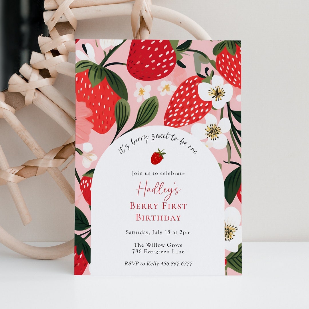 Berry Sweet Birthday Invitation, Strawberry Bday Invite, Printable ...