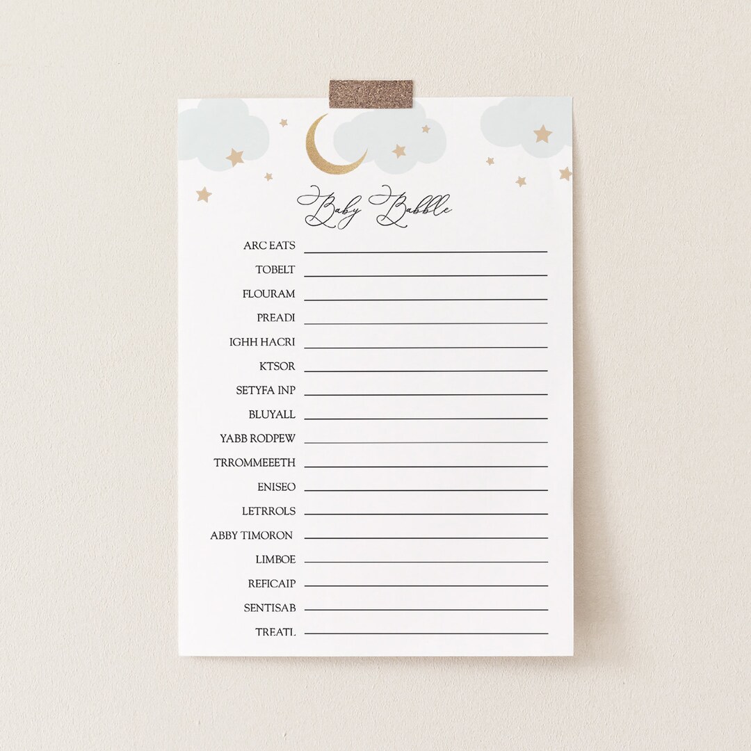 Over the Moon Baby Babble Game Card, Baby Shower Games, Blue Clouds ...