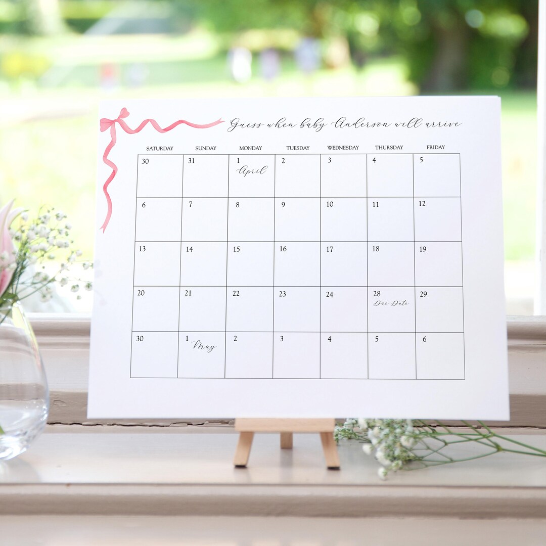 Wildflower Pink Bow Baby Shower Game | Due Date Calendar Instant ...