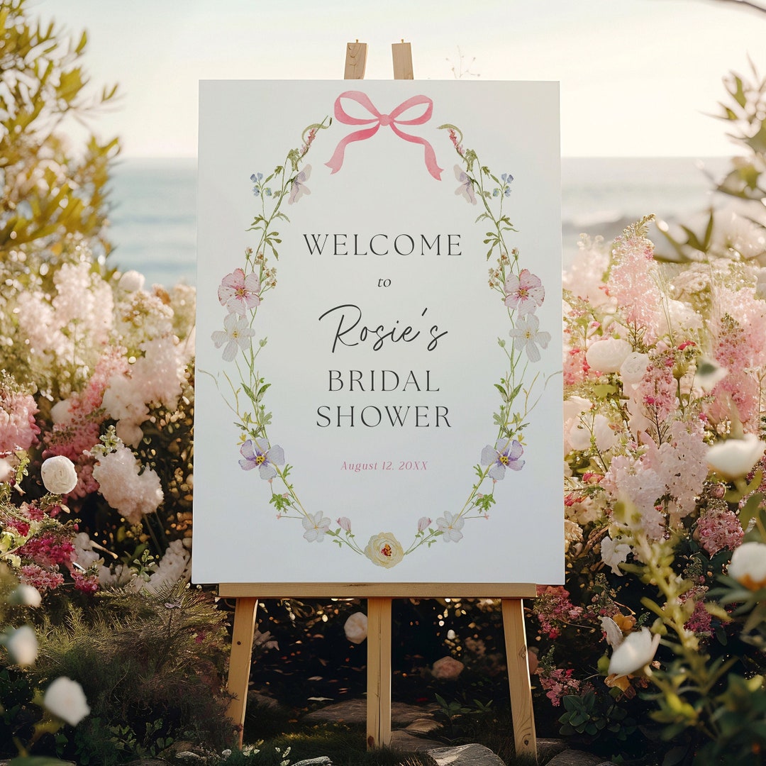 Wildflower Bridal Welcome Sign, Floral Pink Bow Wedding Shower Welcome ...