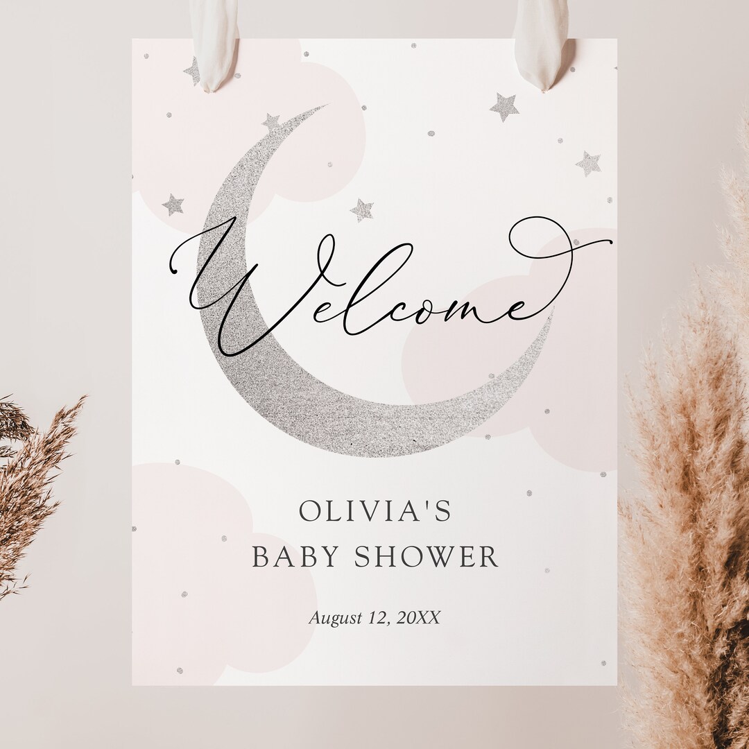 Moon and Stars Baby Shower Welcome Sign: Pink & Silver (printable ...