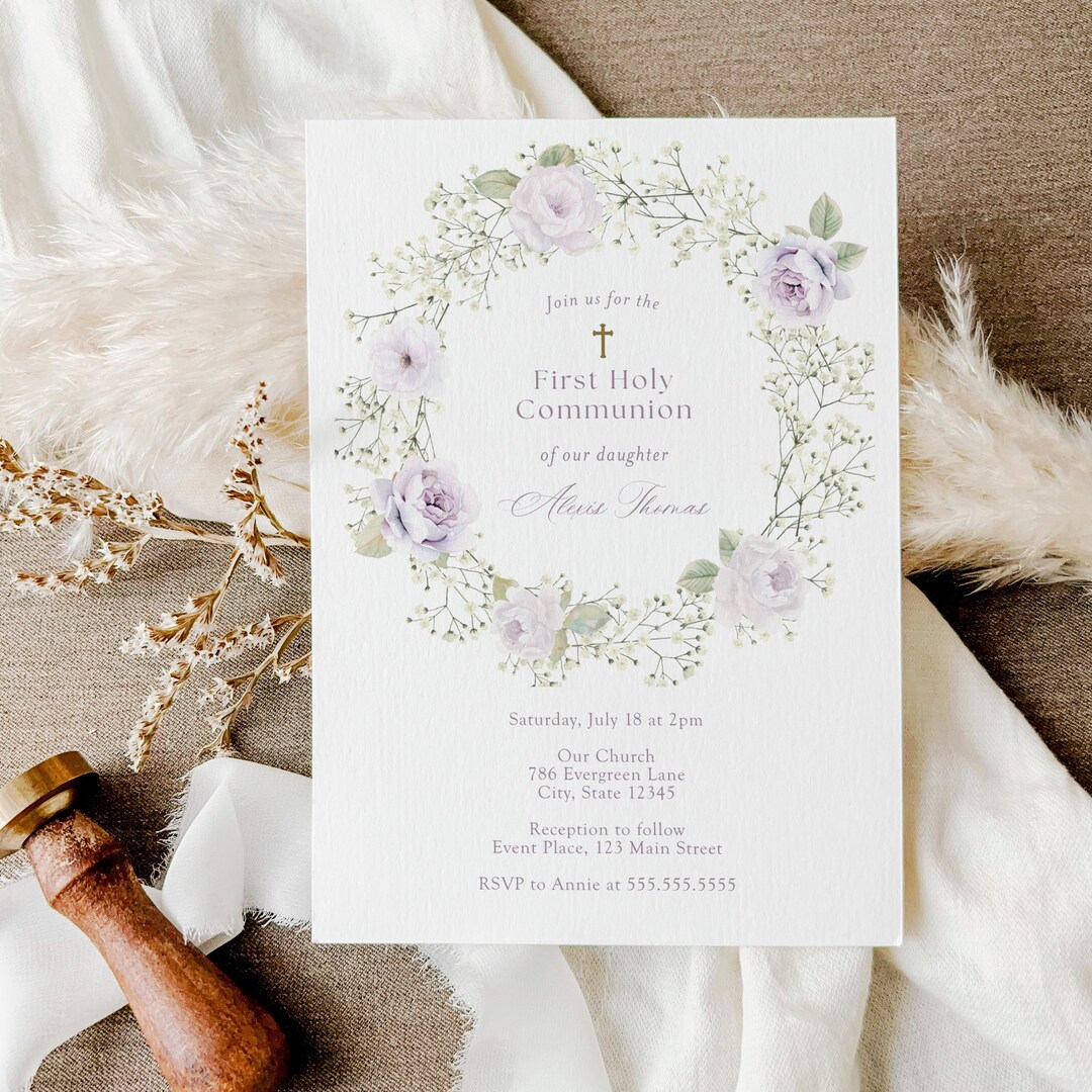 First Holy Communion Invitation Purple Roses Baby Breath Wreath ...