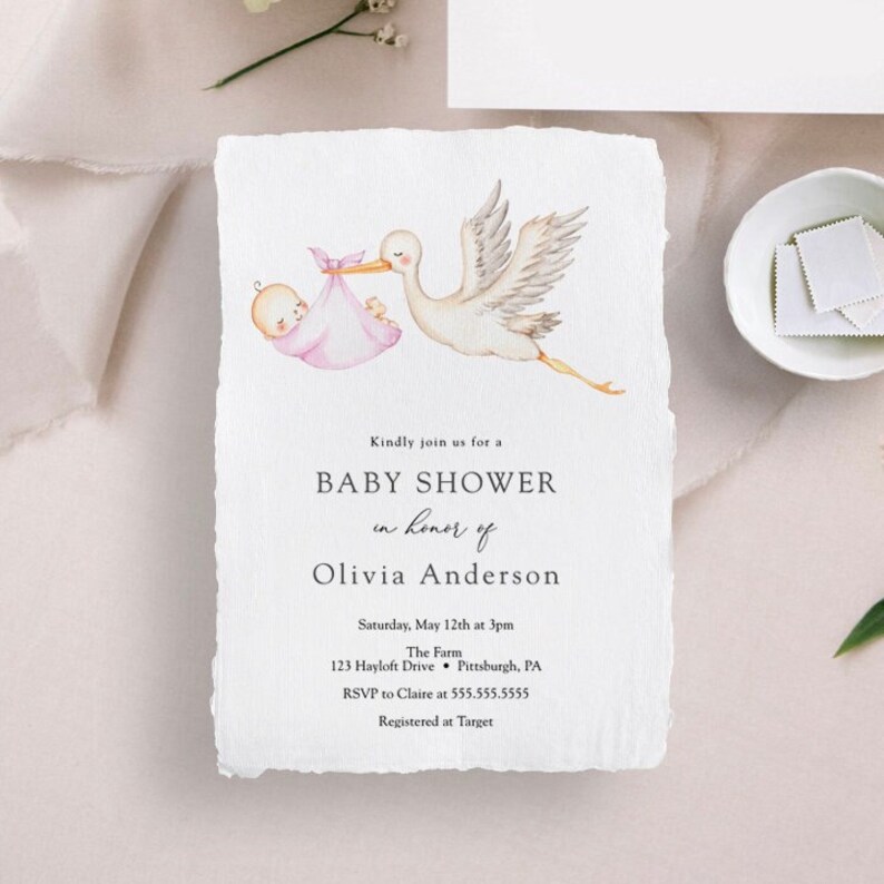 Pink Stork Baby Shower Invitation Template (instant Download) - Etsy