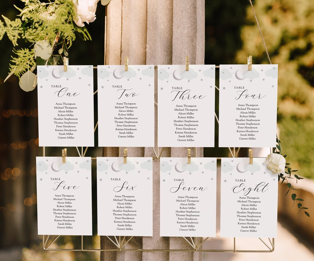 Over the Moon Seating Chart Cards, Blue Clouds and Silver Moon, Table ...