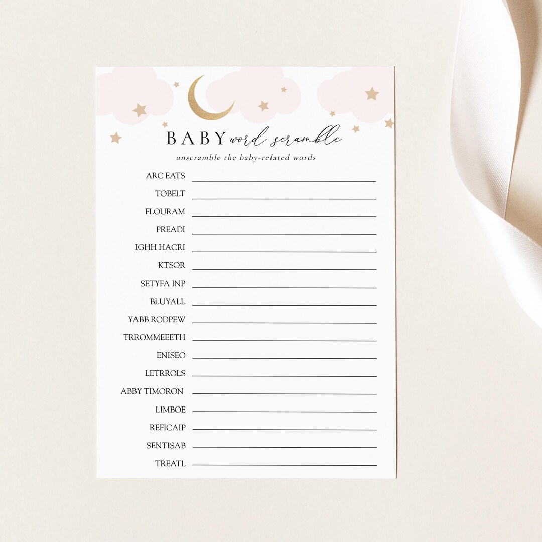 Over the Moon Baby Babble Game Card, Baby Shower Games, Pink Clouds ...