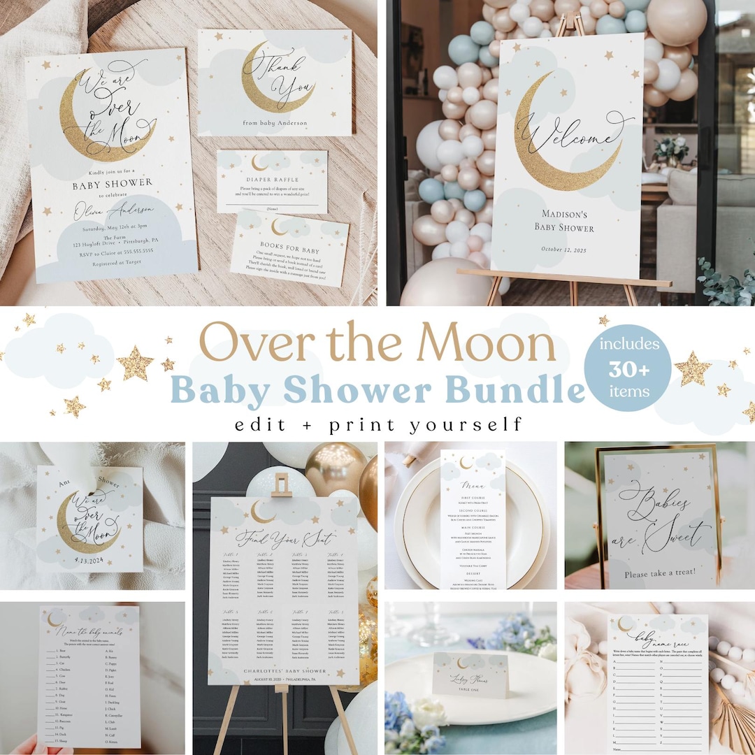 Over the Moon Baby Shower Printable Bundle | Blue and Gold Stars ...