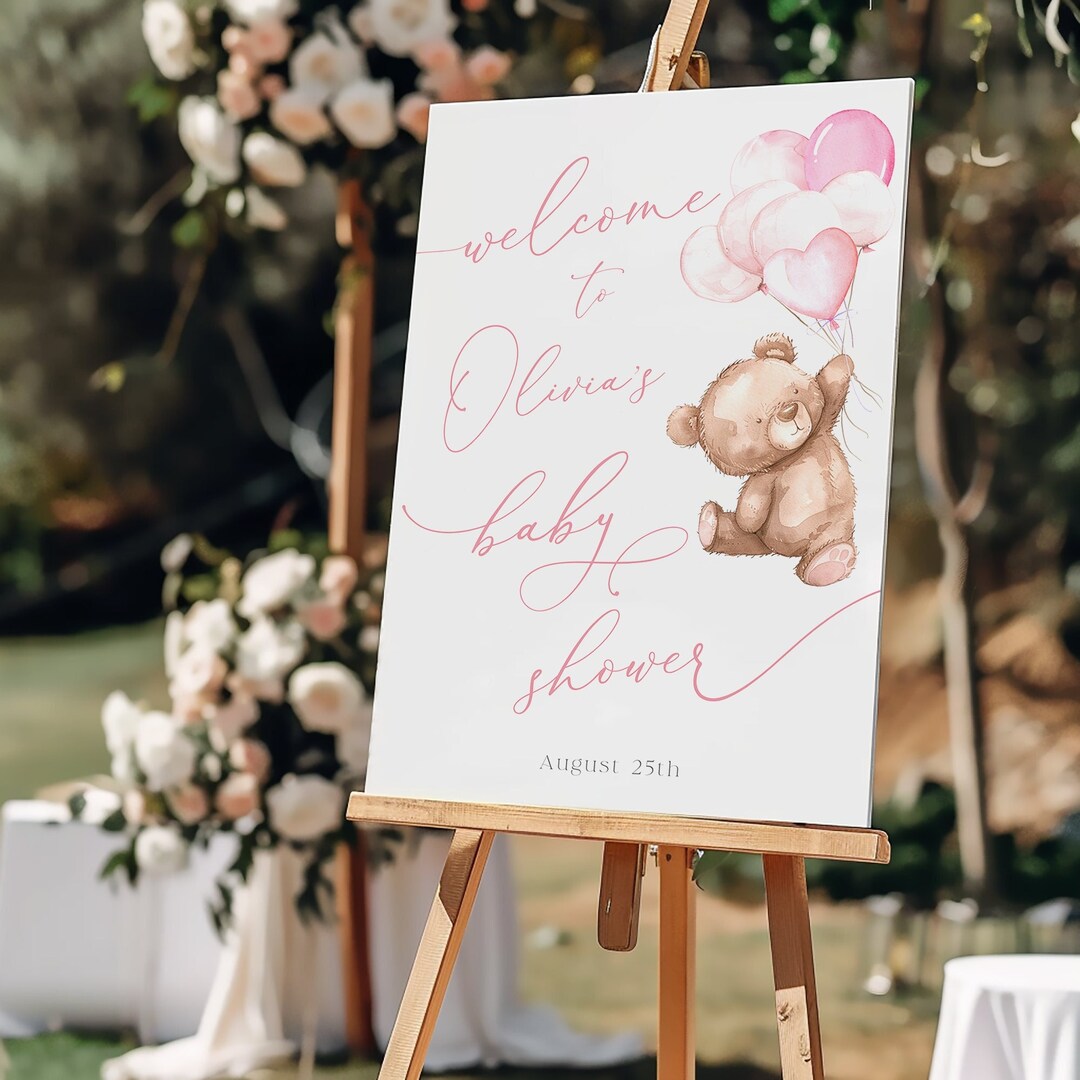 Pink Teddy Bear Baby Shower Welcome Sign Template, We Can Bearly Wait ...