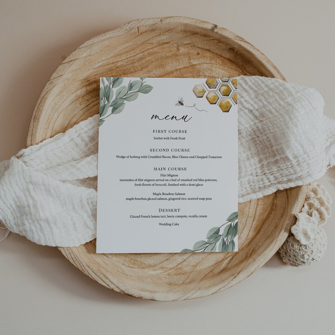 Meant to Bee Menu, Golden Bee and Eucalyptus, Printable Template ...
