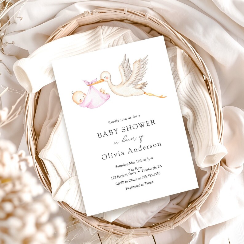 Pink Stork Baby Shower Invitation Template (instant Download) - Etsy