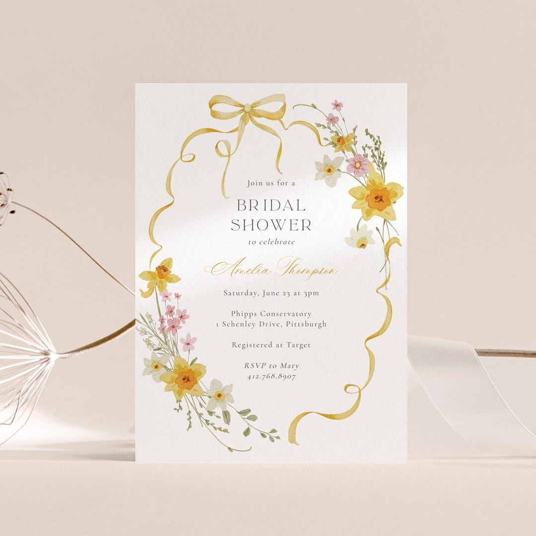 Floral Bridal Shower Invitation: Yellow Ribbons, Wildflower Template ...