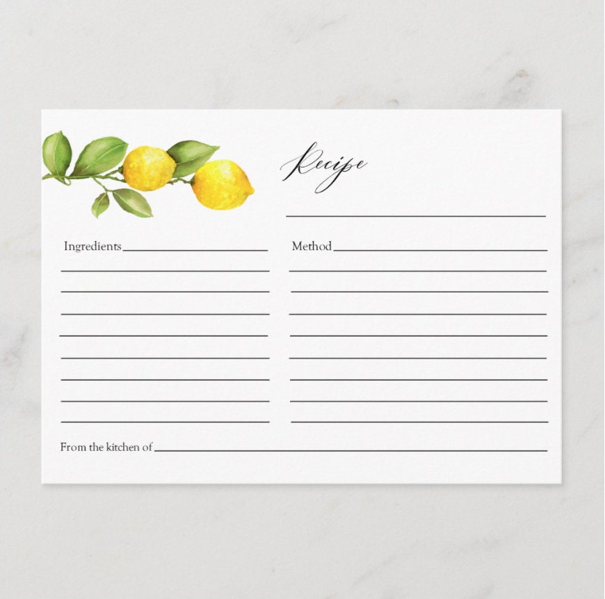 Lemon Recipe Card Printable Template Bridal Shower Insert - Etsy