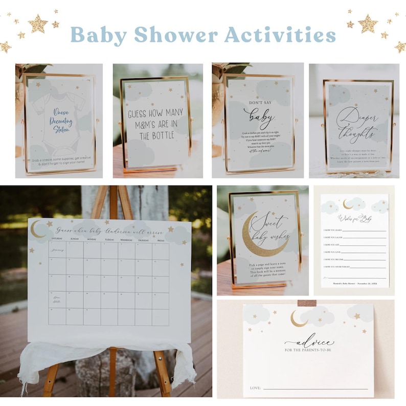Over the Moon Baby Shower Printable Bundle | Blue and Gold Stars ...