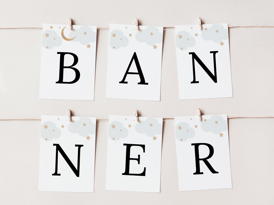 Over the Moon Bunting Banner Cards, Baby Shower, Blue and Gold ...