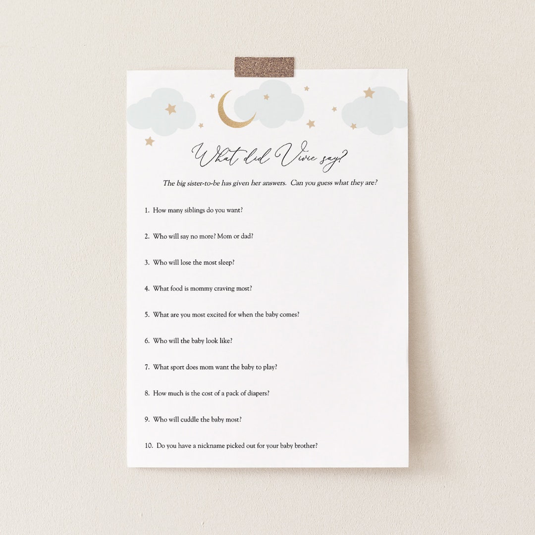 Sibling Questions Baby Shower Game: Blue Clouds Template (instant ...