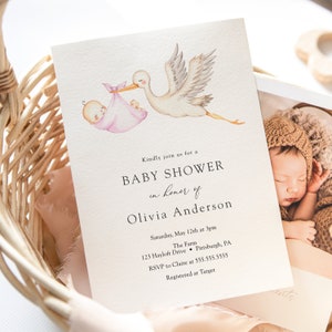 Pink Stork Baby Shower Invitation Template (instant Download) - Etsy