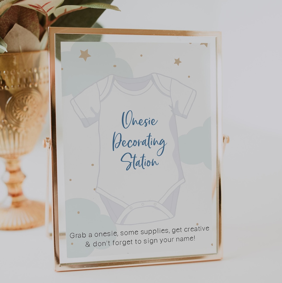 Onesie Decorating Station Sign, Blue Clouds & Gold Stars, Baby Shower ...
