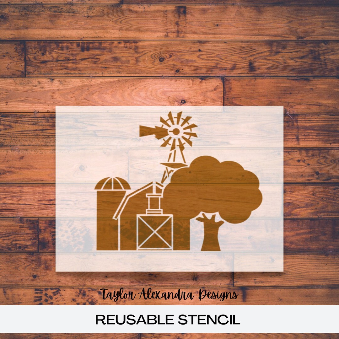 Barn Farm Scene Stencil | Windmill Silos | Reusable Stencil - Etsy