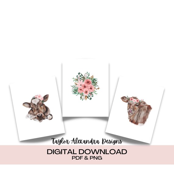 Floral Cow Wall Art Download Printable Baby Girl Decor - Etsy