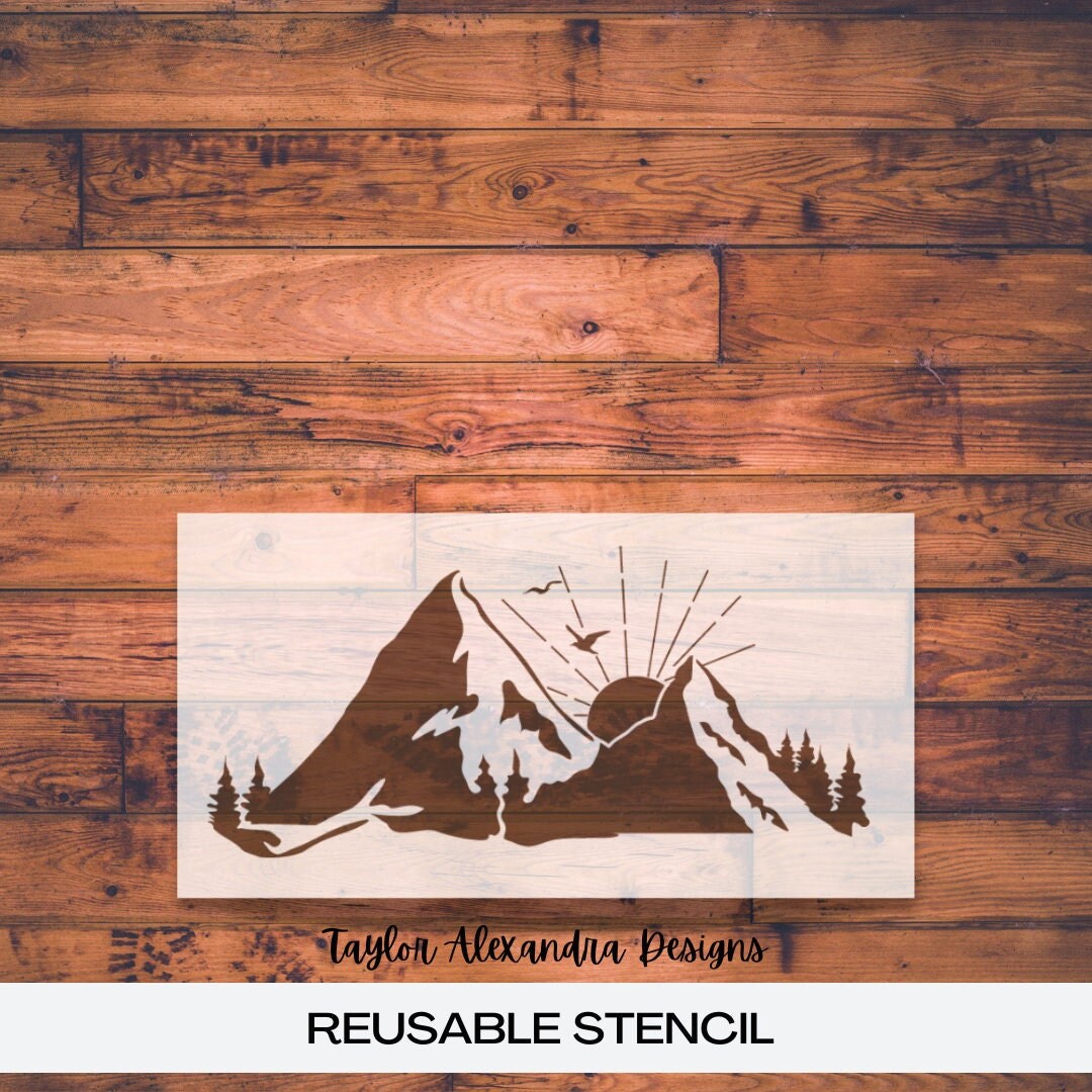 Mountain Range Stencil | Trees Landscape | Sun Birds Mounts Trees ...