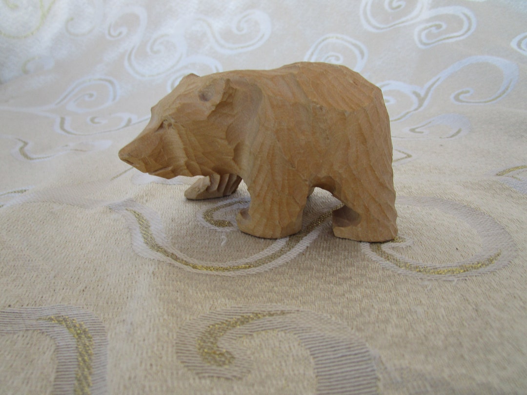 Hand Carved Wood Bear - 2 "h X 4 1/2"l X 2"w - Detailed Natural Wood ...