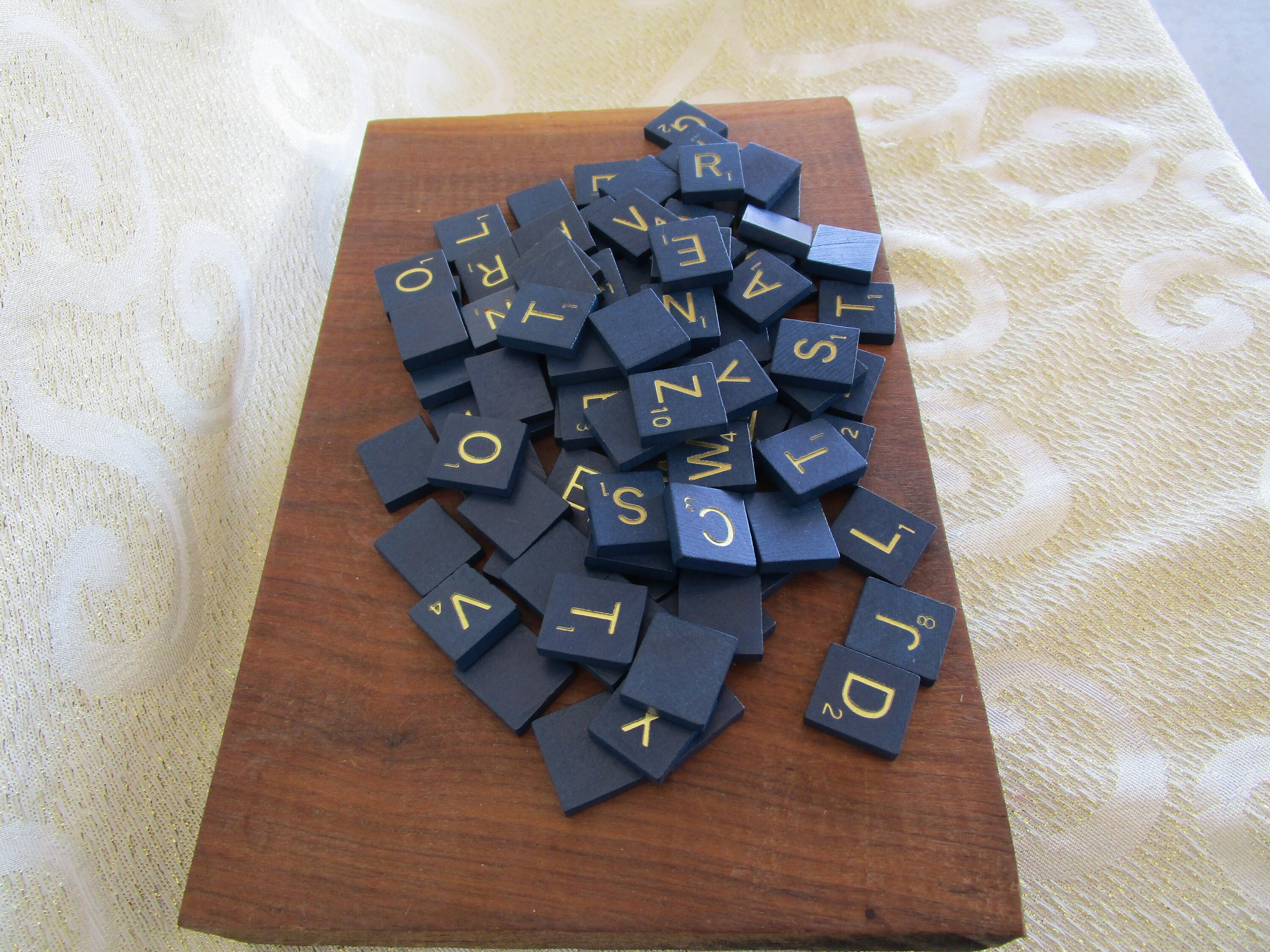 100 BLUE SCRABBLE TILES- Gold Alpha Letters on Blue Wood for Jewelry ...