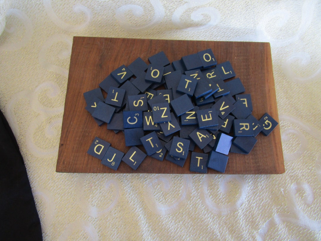 100 BLUE SCRABBLE TILES- Gold Alpha Letters on Blue Wood for Jewelry ...