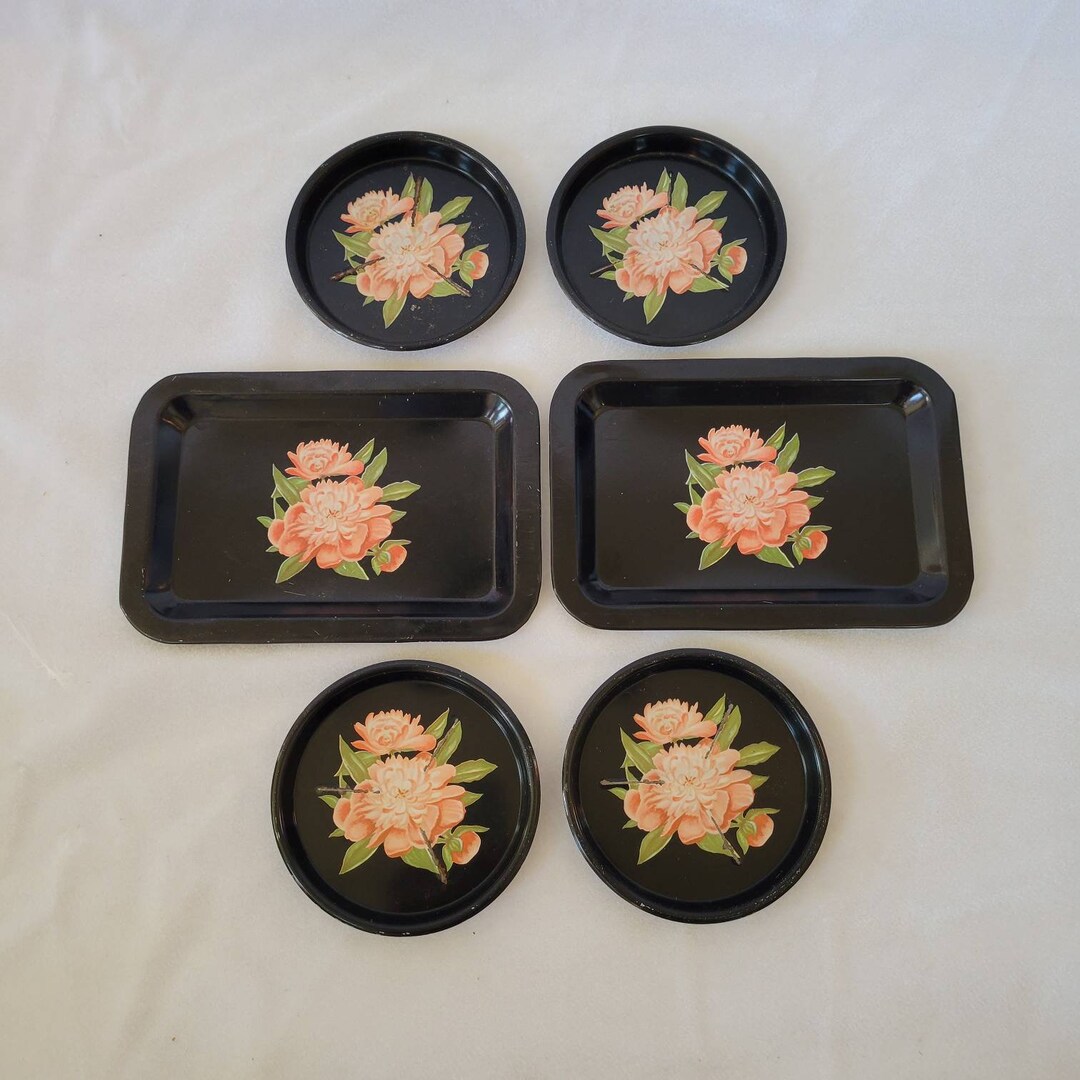 Vintage Pair Black Tole Floral Tip Trays, Trinket or Rolling Trays With ...