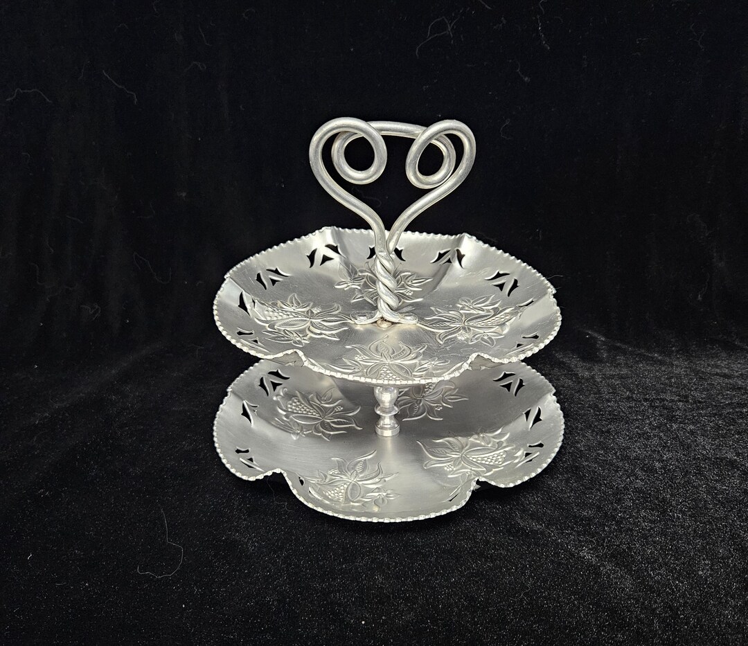 Vintage Hammered Aluminum Two Tier Tidbit Serving Tray With Floral ...