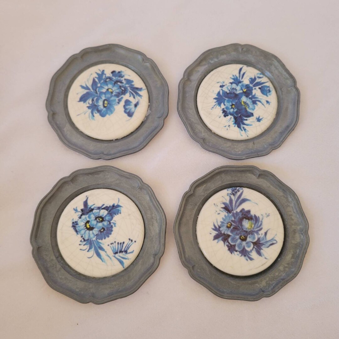 Vintage Pewter & Porcelain Angel Gabriel Blue Floral Coasters-set of 4 ...