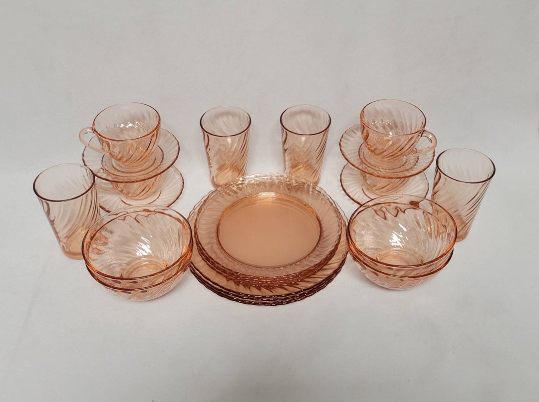 Vintage Arcoroc France 24 Piece Pink Swirl Optic Dinnerware-place ...