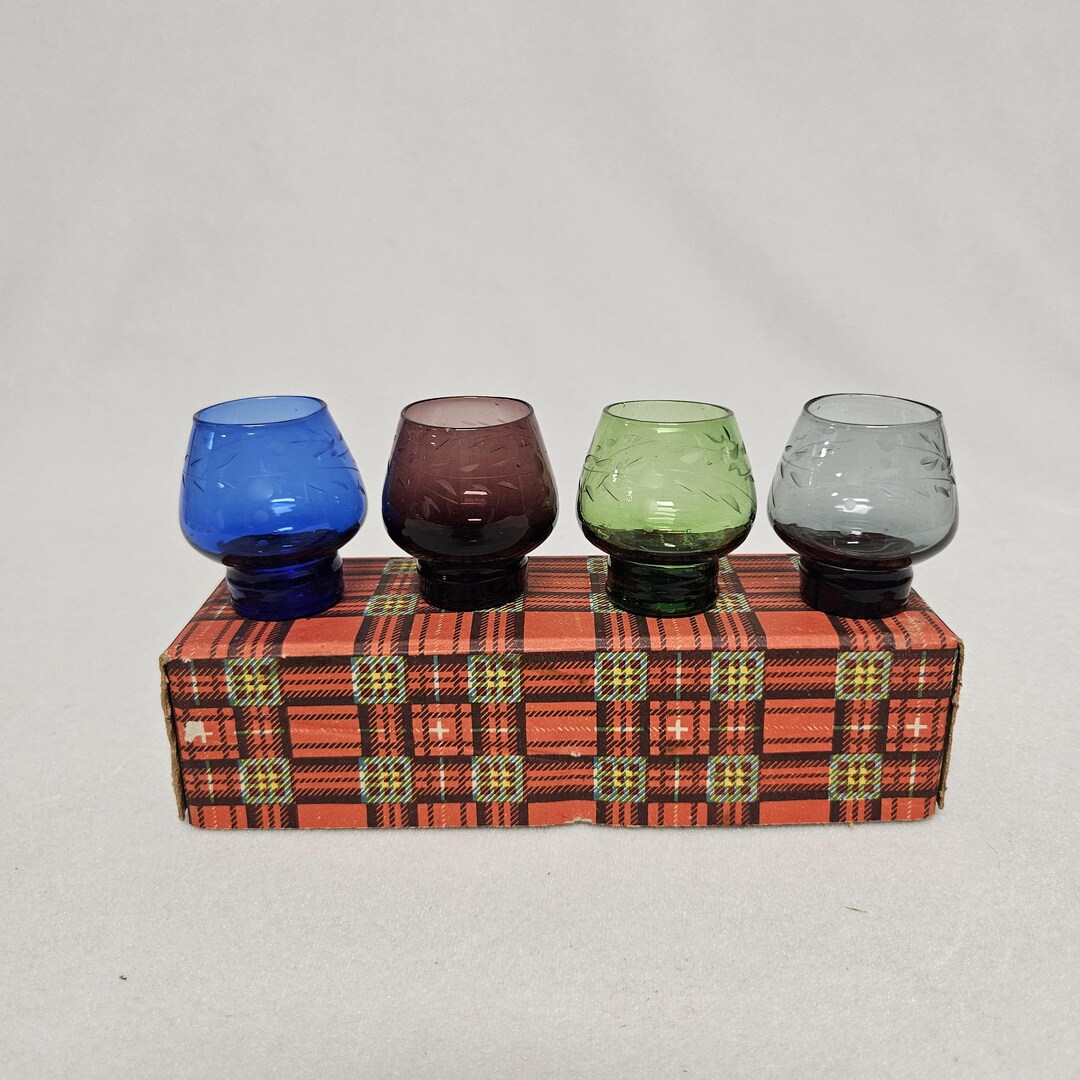 Set of 4 Mid Century Shot Glasses-wheel Cut Design-all Different Colors ...