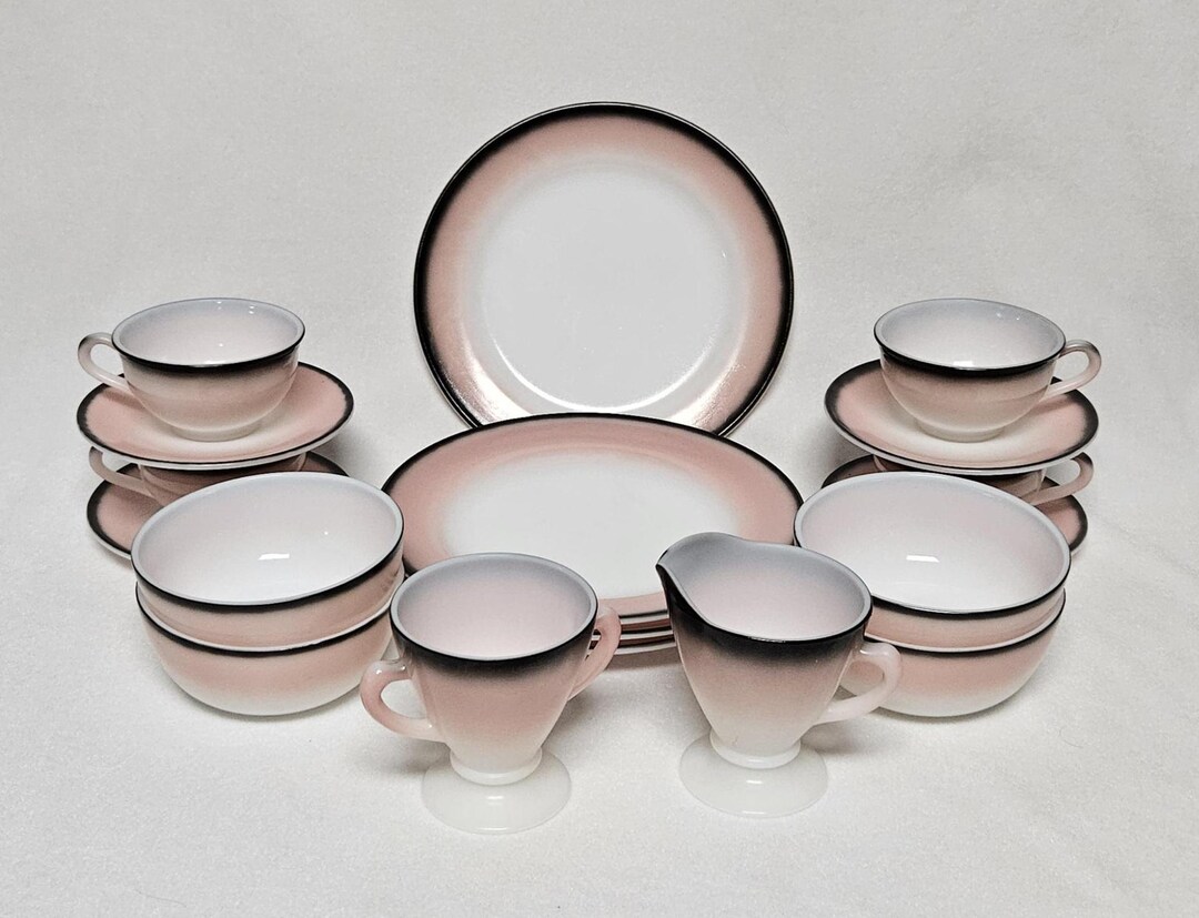 18 Piece Hazel Atlas Ovide Pink & Black Dinnerware Set-place Settings ...