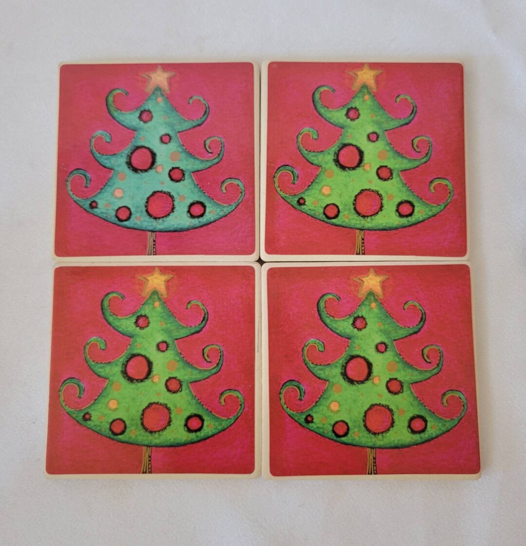 Set of 4 Cute Christmas Tree Tile Drink Coasters in Metal Rack - Etsy