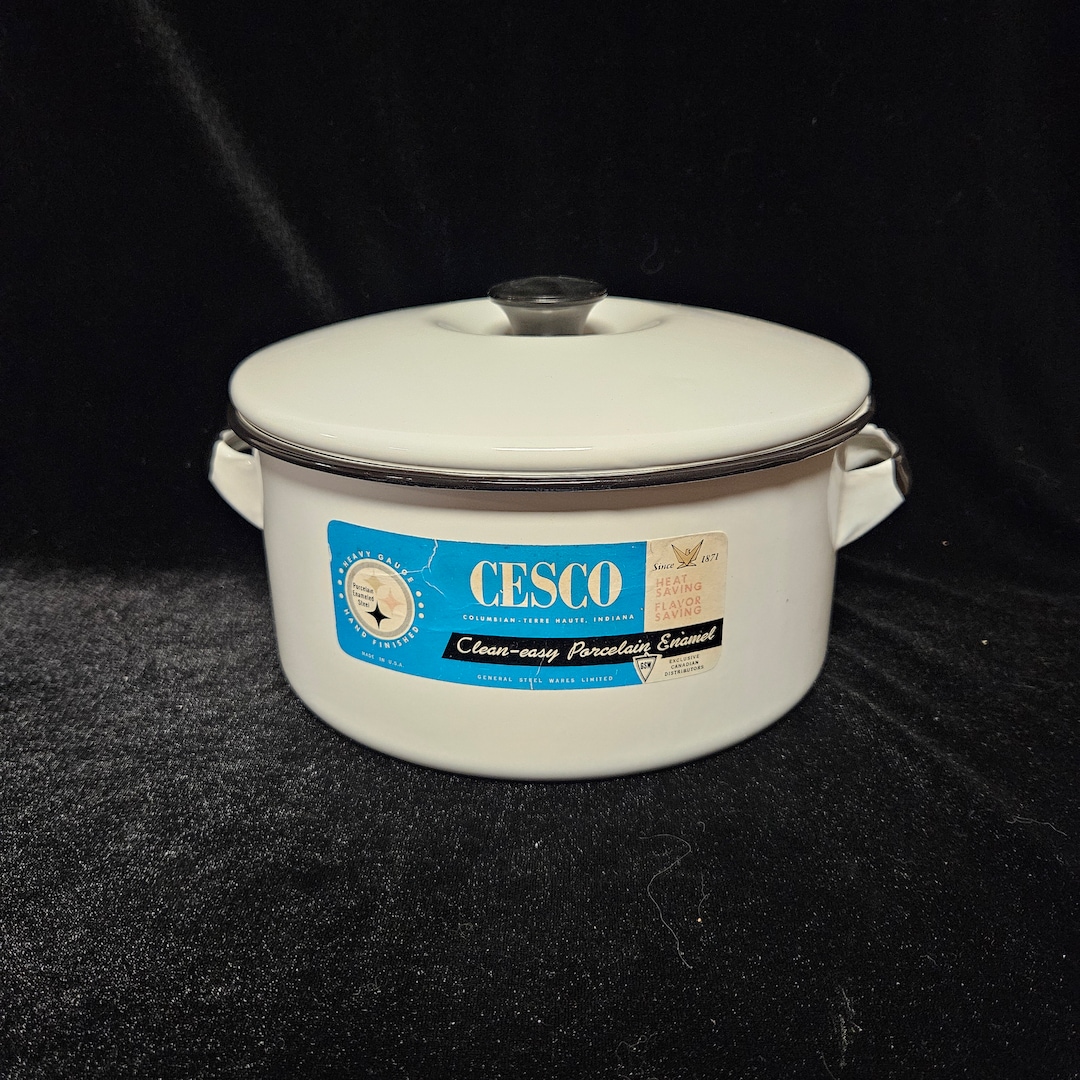 Vintage Cesco Porcelain Enamel Stock Pot, Kettle With Lid-white With Black, Original Label - Etsy