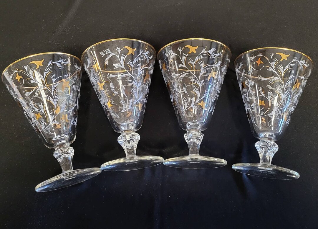 Mid Century Libbey Royal Fern Water Glasses-white & Gold Design-set of ...
