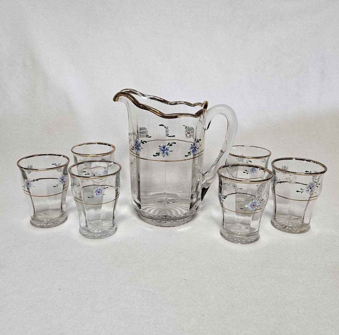 Antique Lemonade Set- Pitcher & 6 Matching Tumblers-hand Painted Blue ...
