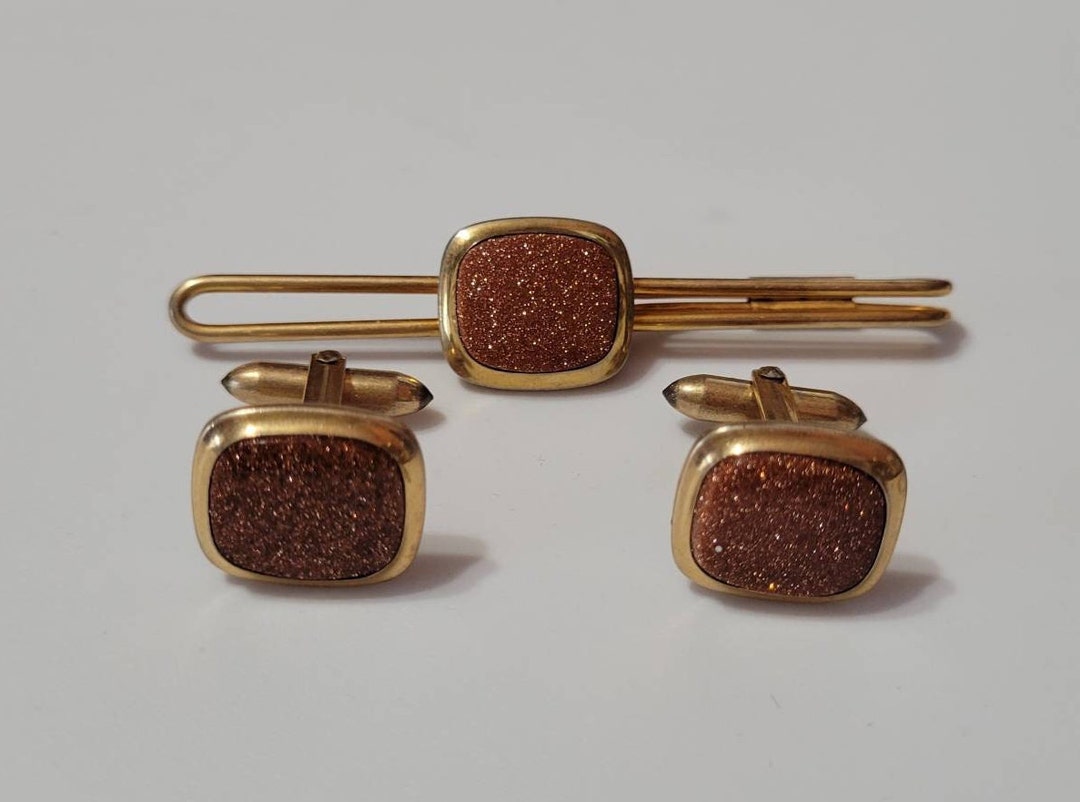 Vintage Correct Quality Goldstone Cufflinks Cuff Links and Tie Bar in ...