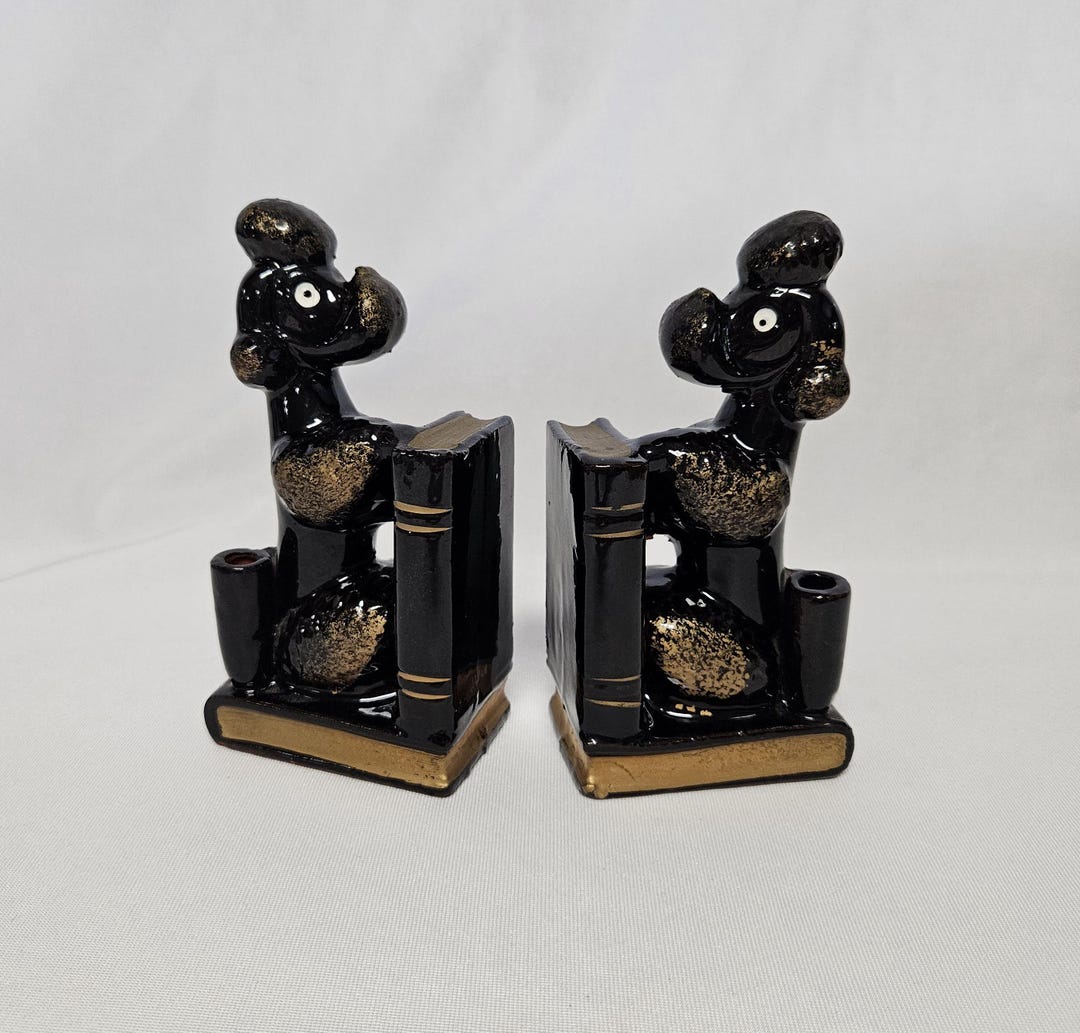 Vintage Black & Gold Poodle Dog Bookends With Pen/pencil Holder-japan ...