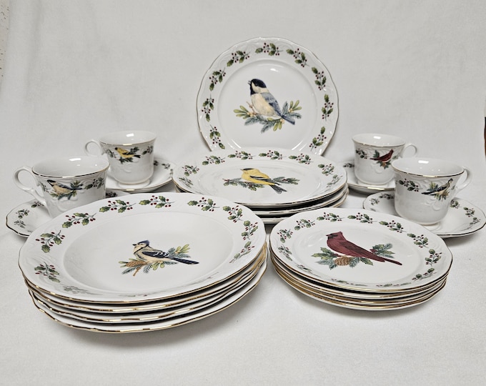 20 Piece Gibson Songbirds Dinnerware-place Settings for Four-gold Trim ...