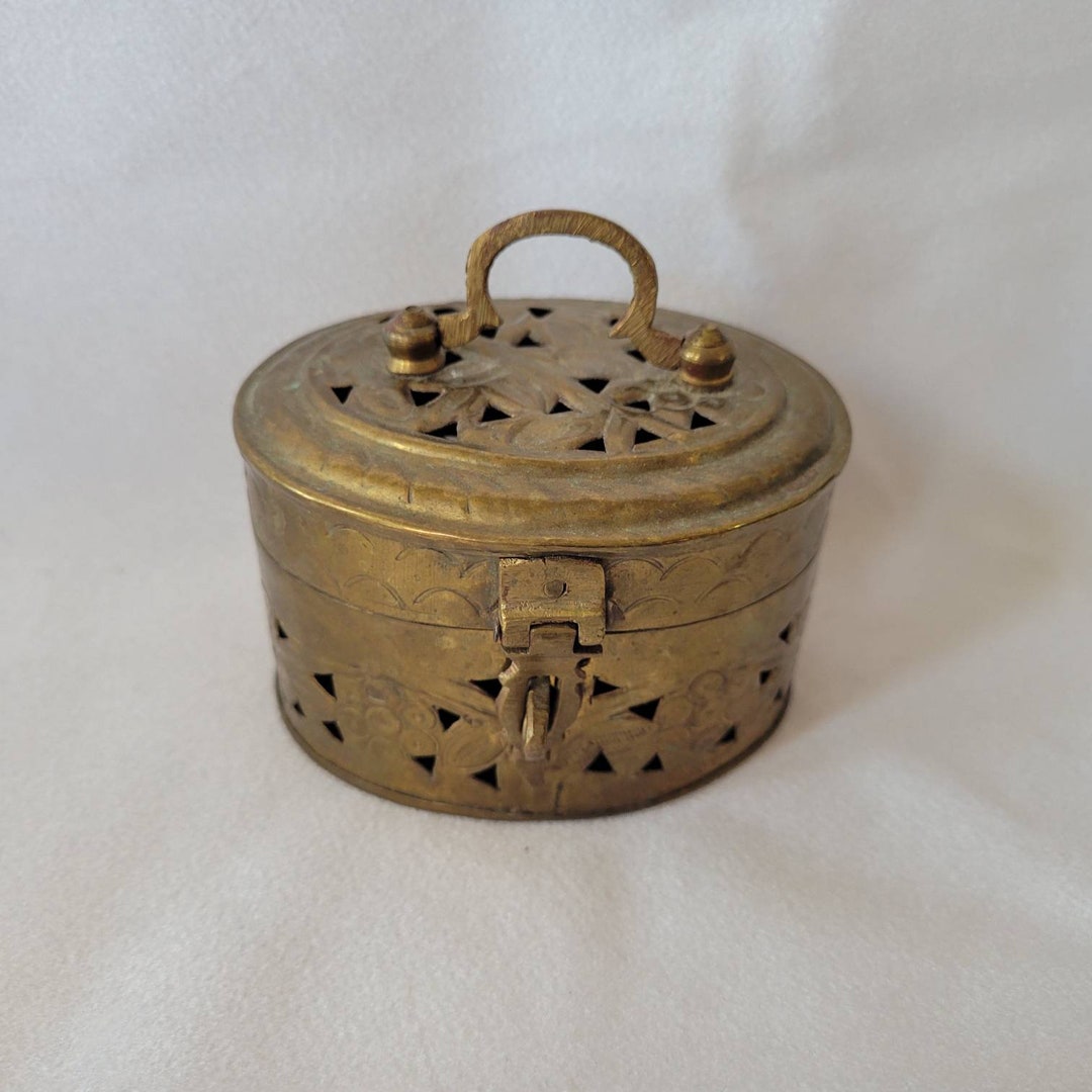 Vintage Brass Hinged Pierced Cricket Box 1970's Made in India Trinkets ...
