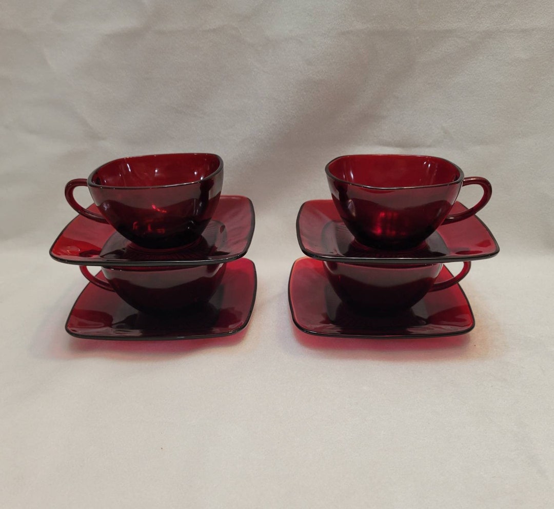 Anchor Hocking Fire-king Charm Royal Ruby Red Cups & Saucers-4 Sets - Etsy